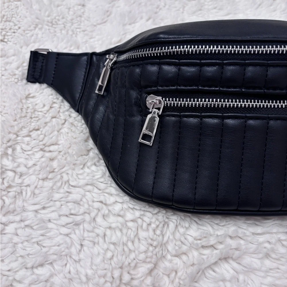 Bags | Black Quilted Belt Bag Minimal Crossbody Silver Zip Utility ...